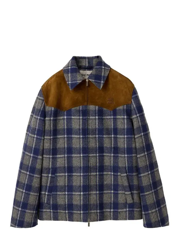 Miu Miu Checked Zip-up Jacket With Suede Details - Slate Gray/light Blue