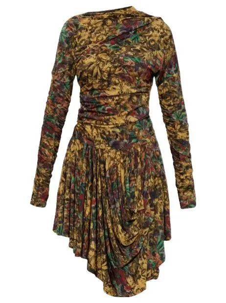 GANNI Floral Printed Long Sleeve Draped And Pleated Dress - Brown