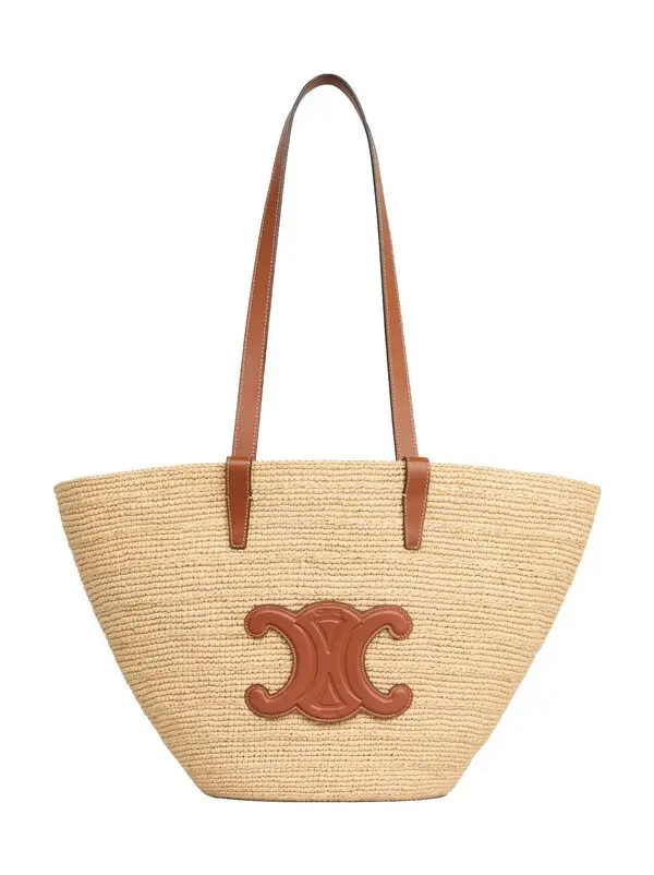 Celine Medium Supple Classic Panier In Raffia And Calfskin - Tan