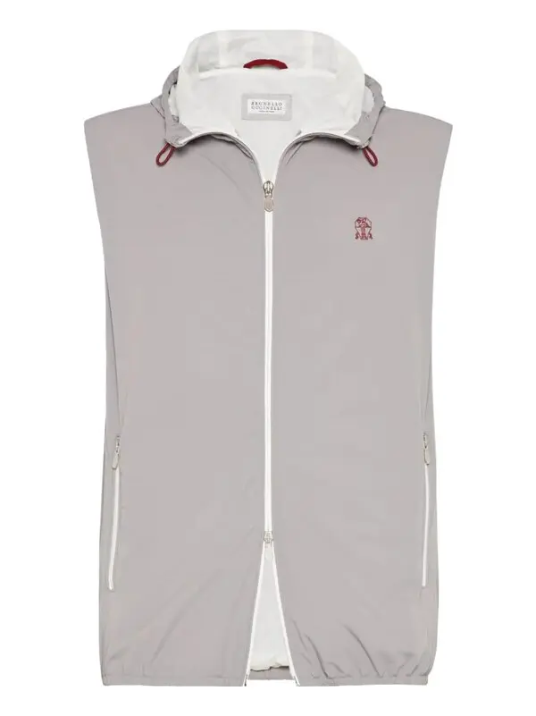 Brunello Cucinelli Zip-up Sleeveless Vest With Embroidered Logo - Grey