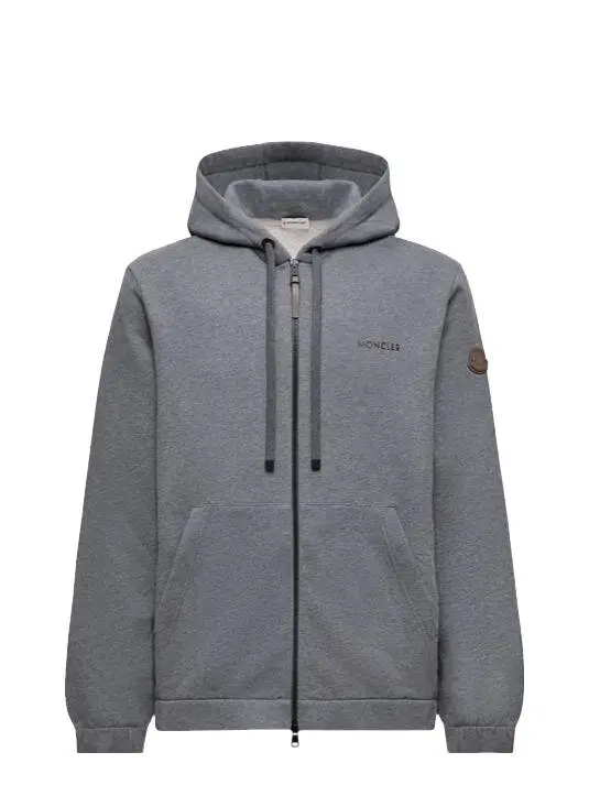 Moncler Leather Logo Zip-up Cotton Blend Hoodie - Dark Gray