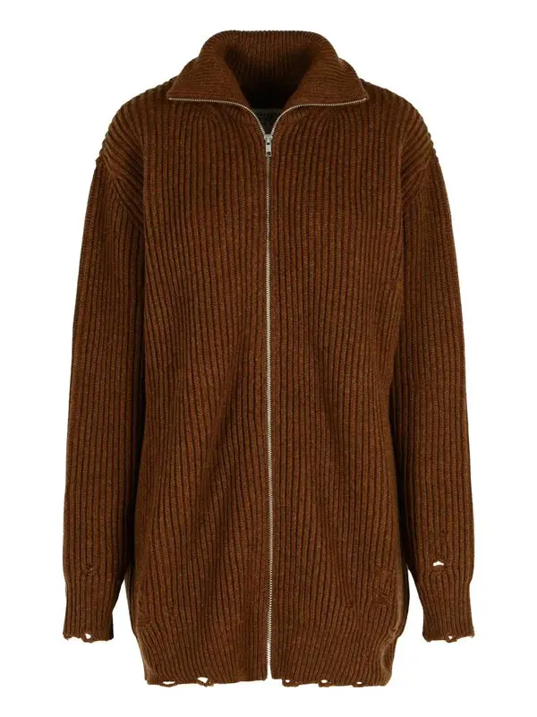 MAISON MARGIELA Ribbed Knit Zip-up Jacket - Brown