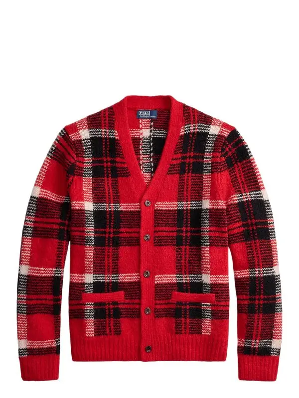 Polo Ralph Lauren Plaid V-neck Cardigan With Elbow Patches - Red
