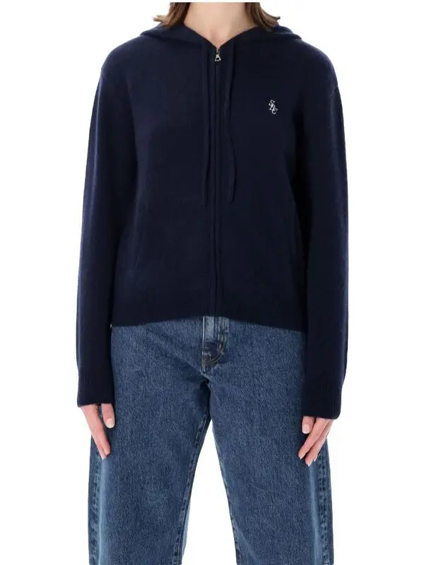 SPORTY  RICH Sporty & Rich Embroidered Knitted Zipped Hoodie - Dark Navy
