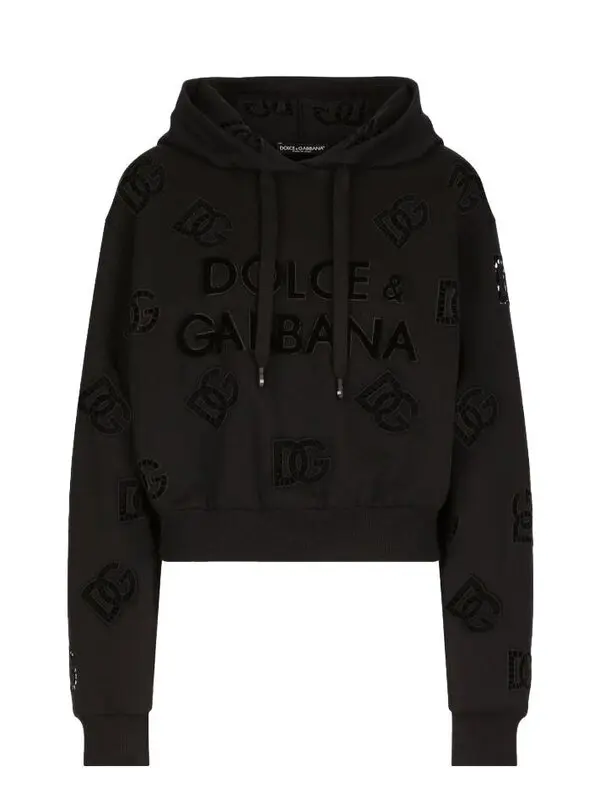 Dolce & Gabbana Cropped Dg Logo Jersey Hoodie - Black