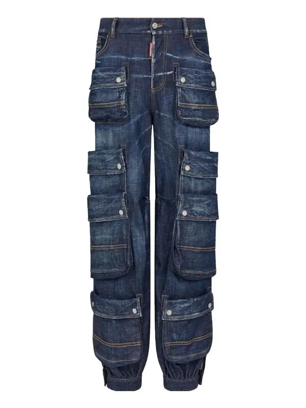 Dsquared2 Baggy Fit Cargo Jeans With Cat Beard Effect - Blue