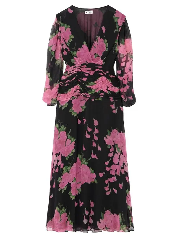 Rixo Floral-print Gathered Midi Dress - Black