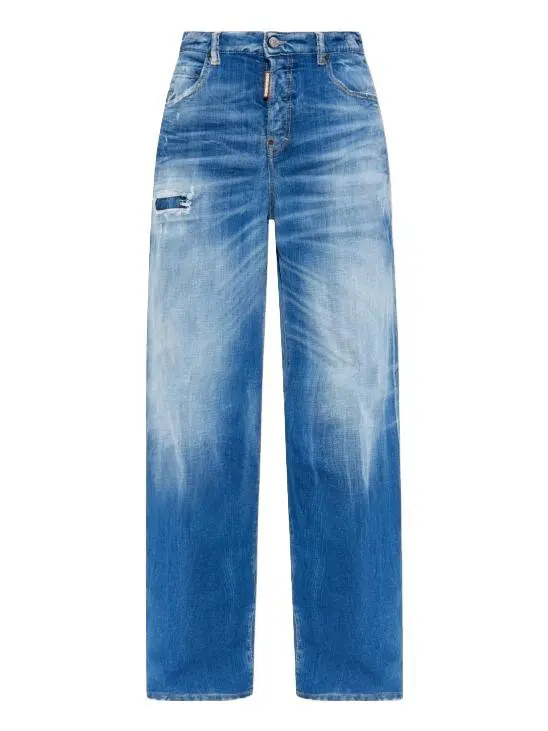 Dsquared2 Logo Patch Ripped Wide Leg Jeans - Blue