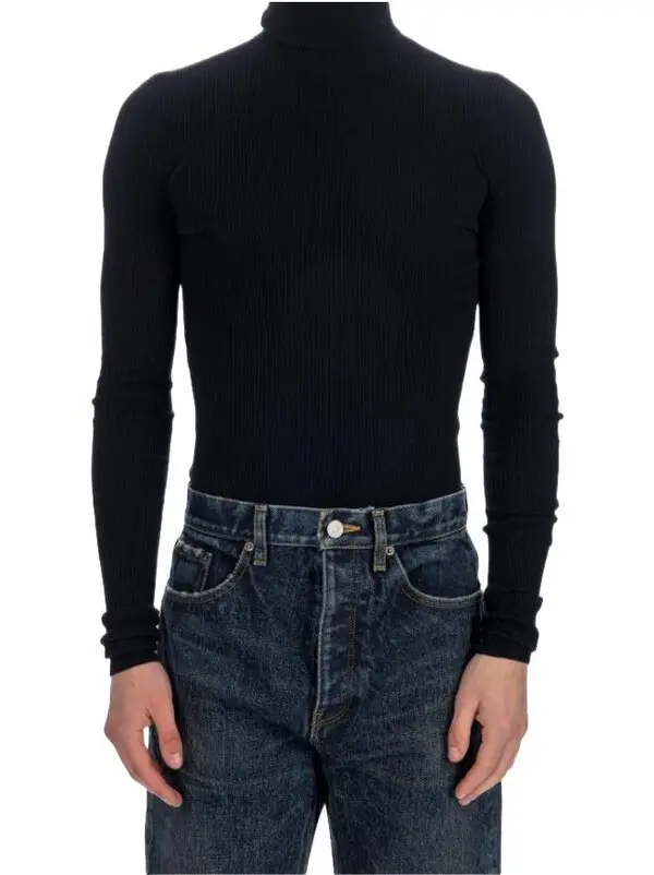 Balenciaga Ribbed Turtleneck Sweater With Logo Patch - Black