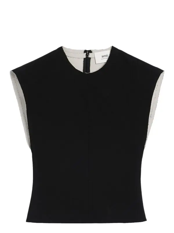 Ami Sleeveless Top With Raw Edges - Black/white Cream