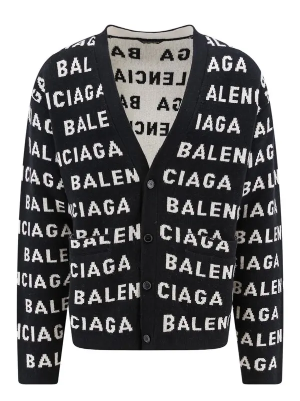 Balenciaga Logo Intarsia Knit V-neck Cardigan - Black/white