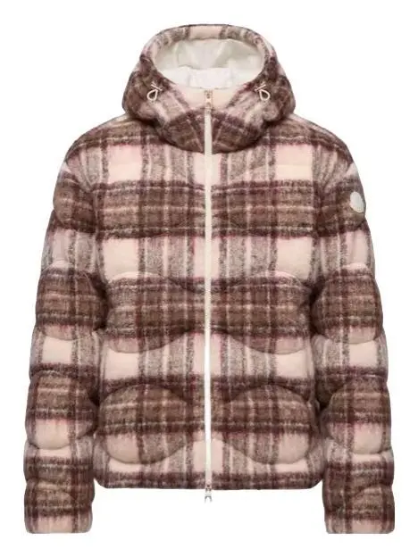 Moncler Cervi Wool Blend Hooded Short Down Jacket With Plaid Print - Nude