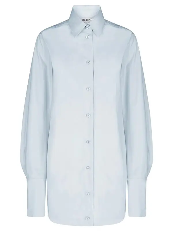 Attico Long-sleeved Mini Shirt Dress With Embroidered Logo - Blue