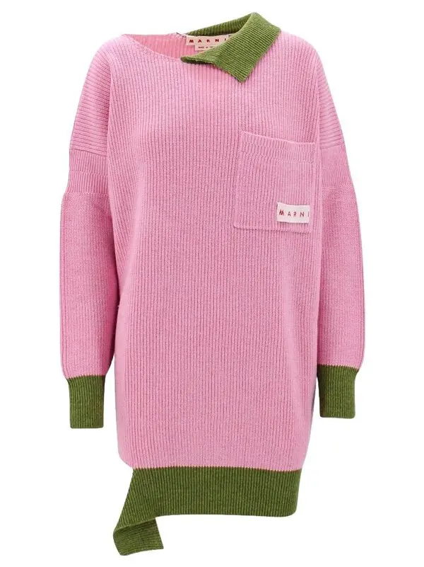Marni Color-block Logo Patch Knit Sweater Dress - Pink