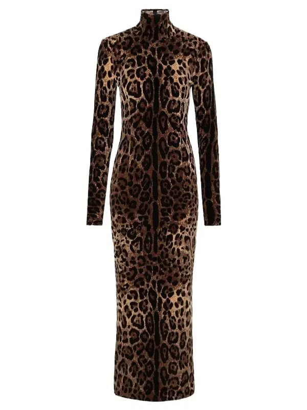 Dolce & Gabbana Leopard-printed High-neck Mid-length Dress - Black