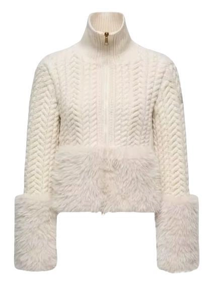 Moncler Zip-up High Neck Cable Knit Cardigan With Fur Trim - Ivory