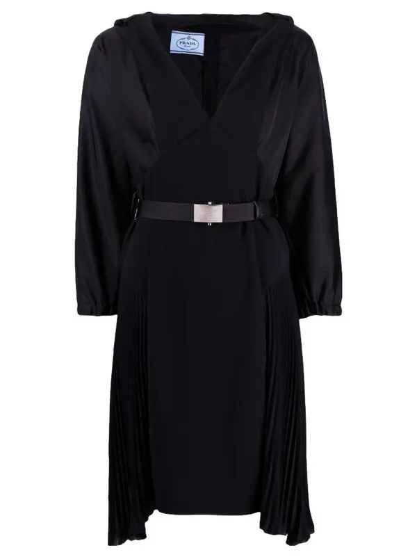 Prada Sable Dress With Hood And Pleated Skirt - Black