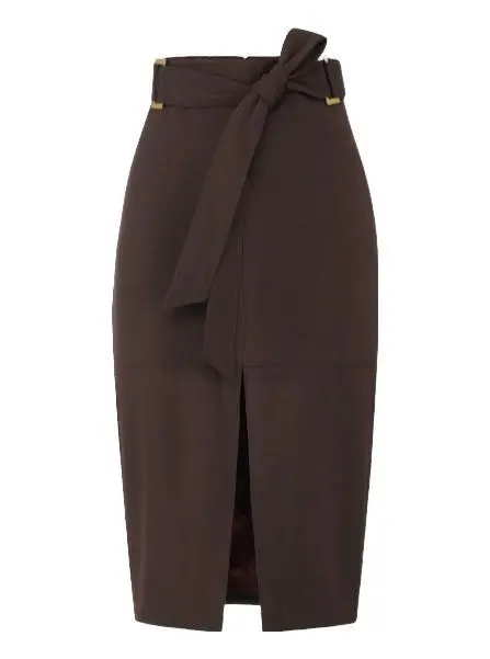 Elisabetta Franchi Belted Slit Midi Skirt - Cocoa