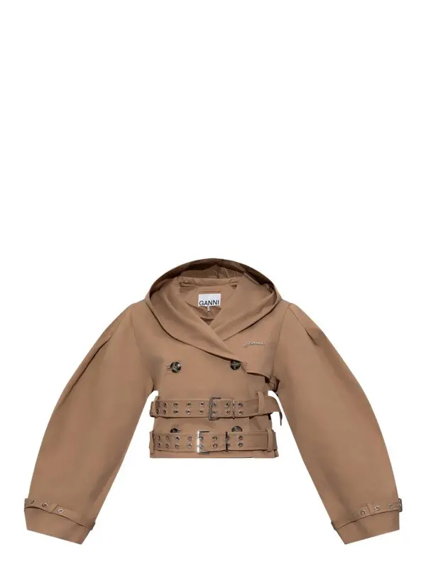GANNI Double-breasted Cropped Trench Jacket With Belted Waist - Brown