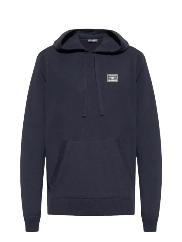 Dolce & Gabbana Knitted Drawstring Hoodie With Logo Plaque - Black