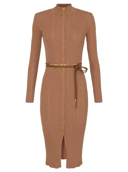 Elisabetta Franchi Ribbed Knit Button-up Midi Dress With Openwork Detail - Leather