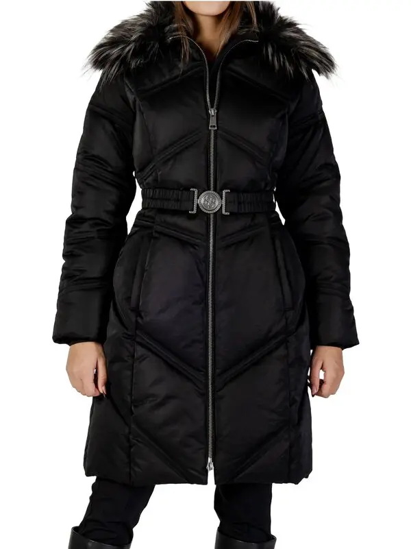 Guess Long Down Jacket With Faux Fur Trim And Belted Waist - Black