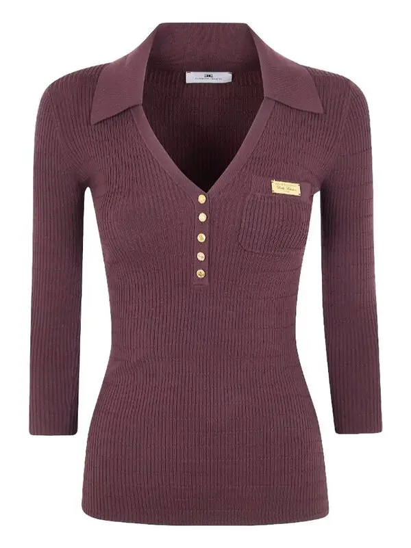 Elisabetta Franchi Ribbed Polo Knit Top - Red