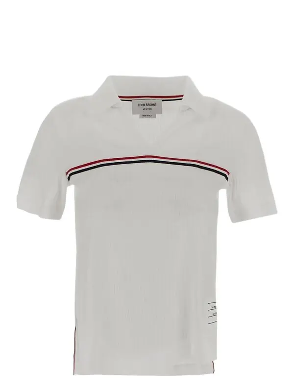 Thom Browne Ribbed Polo Shirt With Tricolor Ribbon Detail - No