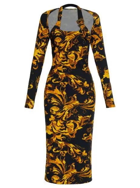 Versace Barocco Print Long Sleeve Midi Dress - Black