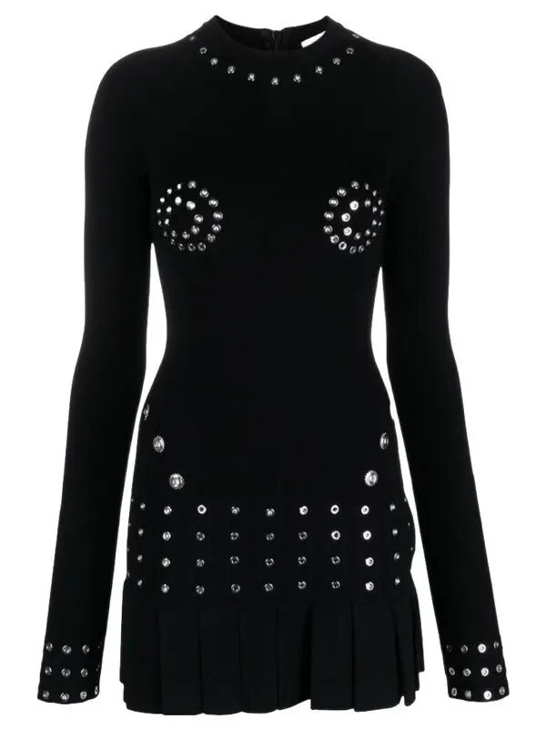 Off-White Embellished Crewneck Long-sleeved Dress - Black