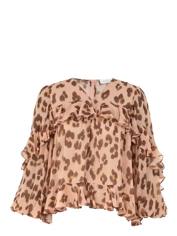 Zimmermann Illuminate V-neck Ruffle Top - Peach Leopard
