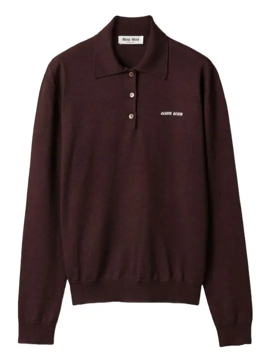 Miu Miu Logo Embroidered Knitted Polo Shirt - Cocoa Brown