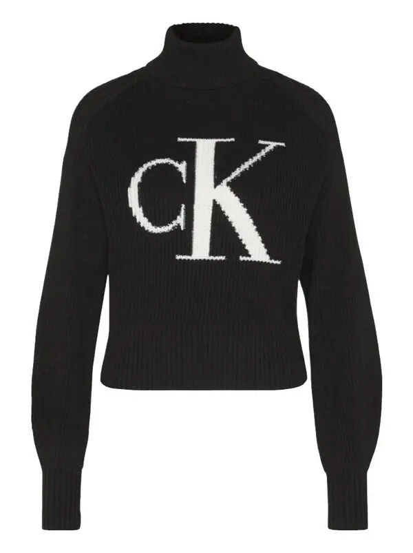 Calvin Klein Turtleneck Knitted Pullover With Contrasting Logo - Black