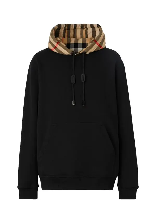 Burberry Drawstring Hoodie With Contrast Plaid Lining - Black