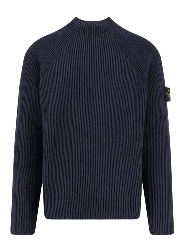 Stone Island Mock Neck Ribbed Knit Pullover - Blue
