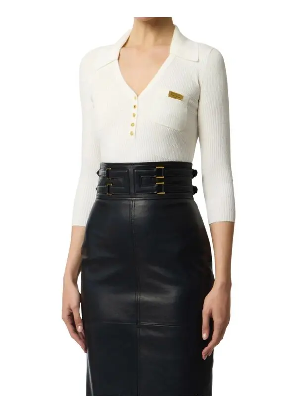 Elisabetta Franchi Ribbed Slim Fit Polo Shirt - Ivory White