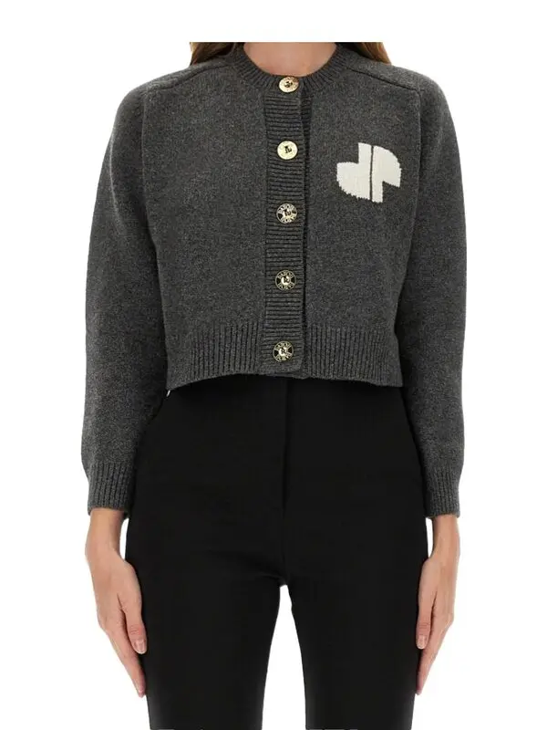 PATOU Cropped Button-up Knit Cardigan With Art Deco Initials - Black