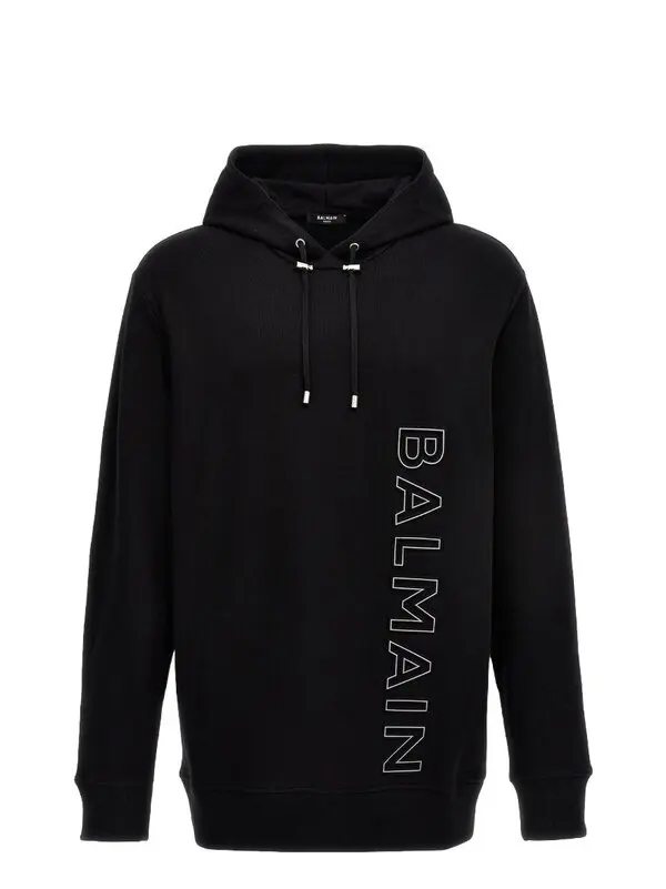 Balmain Logo Embossed Drawstring Hoodie - Black