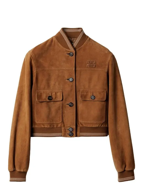 Miu Miu Cropped Button-up Blouson Jacket With Knitted Collar And Embossed Logo - Brown