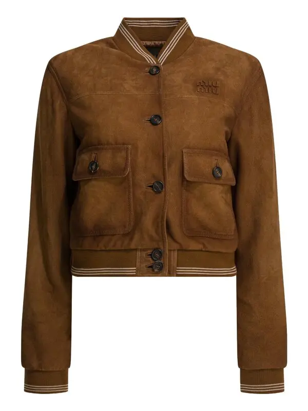 Miu Miu Cropped Button-up Blouson Jacket With Knitted Collar And Embossed Logo - No