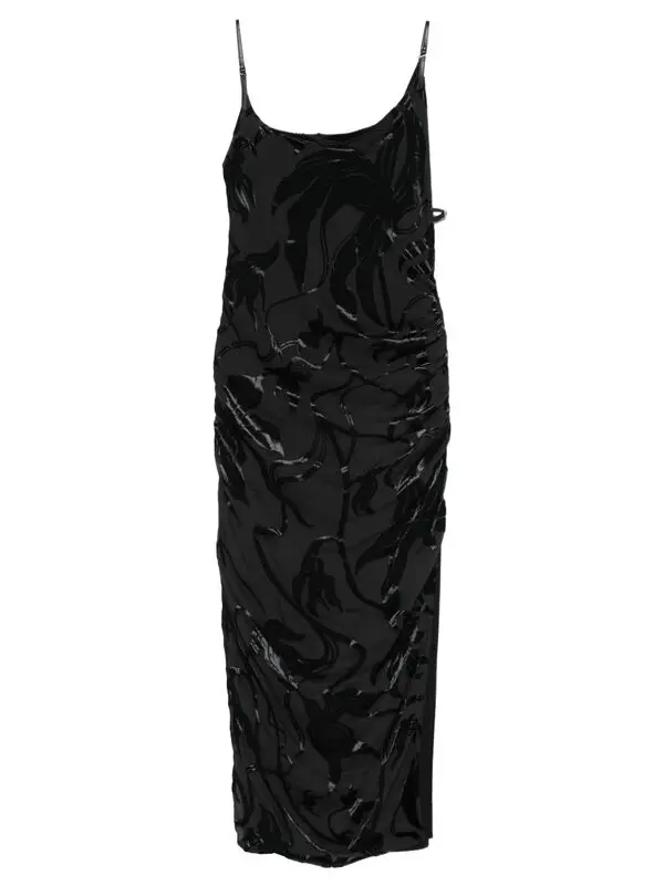 MUGLER Flocked Velvet Midi Dress With Side Slits - Black