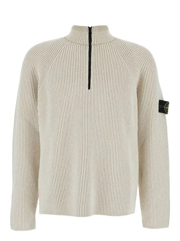 Stone Island Ribbed Zip-neck Sweater - Ivory