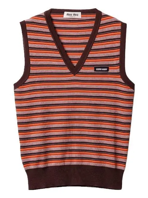 Miu Miu Striped V-neck Knitted Vest - Orange