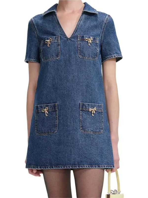 SELF-PORTRAIT V-neck Denim Dress With Pockets - Blue