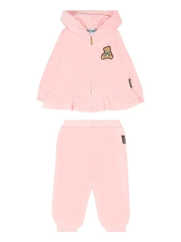 Moschino Long-sleeved Zip-up Hoodie And Jogger Set With Teddy Bear Embellishment - Pink