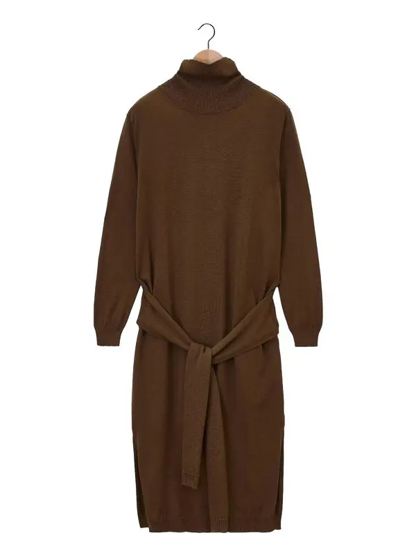 LEMAIRE Ribbed Turtleneck Belted Midi Dress - Brown