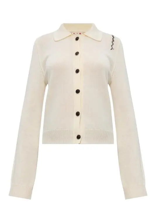Marni Logo Embroidered Knit Cardigan - White