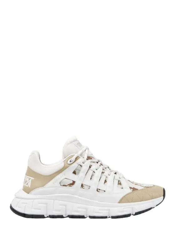 Versace Trigreca Barocco-jacquard Lace-up Sneakers - White/beige