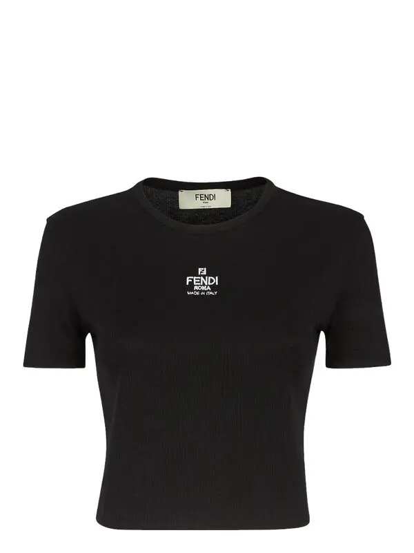 Fendi Logo Embroidered Crewneck Cropped T-shirt - Black