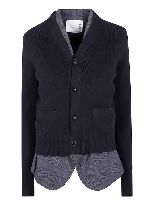 Sacai Double Layer Knitted Cardigan With Check Wool And Tulle Insert - Black